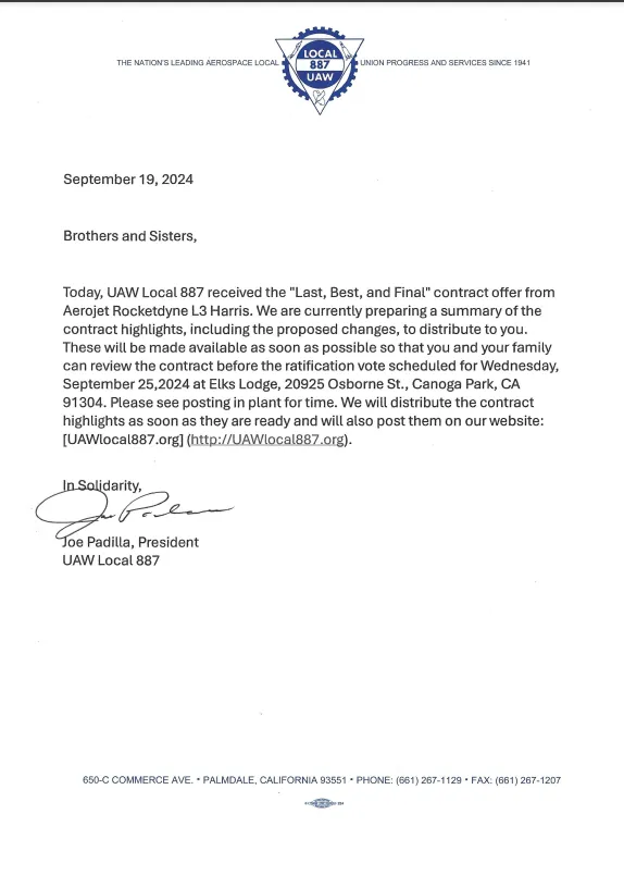 Aerojet Rocketdyne L3 Harris Last , Best and Final offer. | UAW Local 887