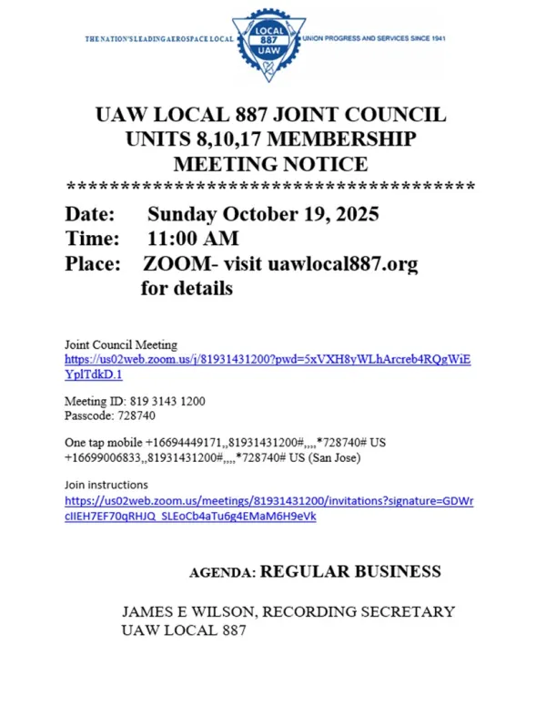 Local 887 Joint Council Unit 8, 10, & 17 Meeting | UAW Local 887
